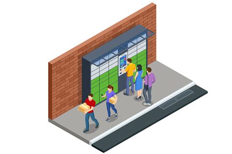 아이소메트릭 소포 사물함 우편 배달부와 암호 디지털 패널이있는 사물함 자체 수령 및 우편 소포 발송을위한 자율적 인 우편 포인트 체인 우편 배달 스마트 셀프 서비스 등측