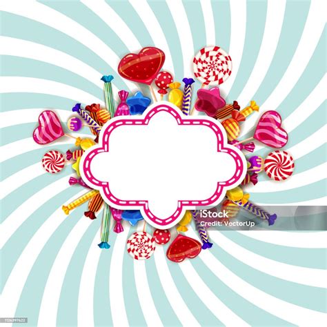 사탕가 게 프레임 템플릿 배경 사탕 사탕 과자 초 코 렛 젤리 콩의 다른 색상을 설정 뿌리와 막대 사탕 과일 나선형 다채로운 과자 나선형 줄무늬 벡터 일러스트 레이 션