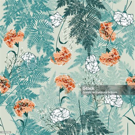 완벽 한 꽃 패턴 피 오렌지 꽃 식물 고 사리 잎 원활한 벡터 텍스처입니다 패션에 대 한 우아한 서식 파일을 인쇄합니다 0명에 대한 스톡 벡터 아트 및 기타 이미지 Istock