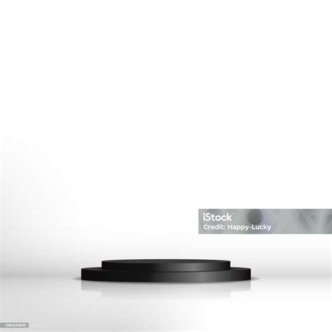 검은 색 원 베이스는 흰색 배경에 서있다 제품 수상 광고 우승자 디스플레이를 위한 무대 받침대 비어 있습니다 그래픽을 위한 연단 바닥 현대적인 인테리어의 스튜디오 쇼 벡터