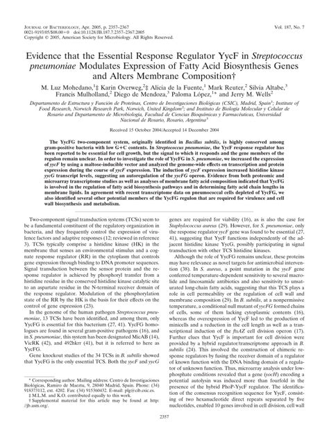 Pdf Inducible Expression Of The Essential Response Regulator Yycf In S Pneumoniae Modulates
