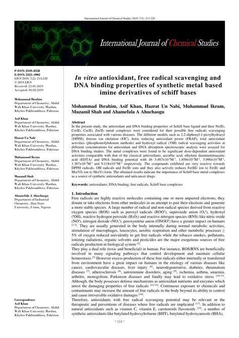 Pdf In Vitro Antioxidant Free Radical Scavenging And Dna Binding Properties Of Synthetic
