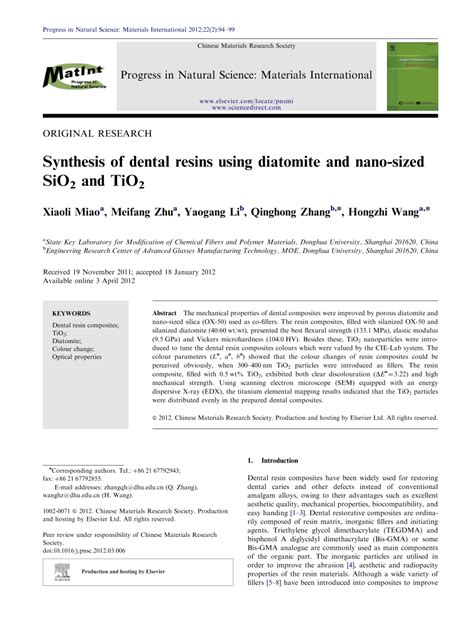 Pdf Synthesis Of Dental Resins Using Diatomite And Nano Sized Sio2 And Tio2