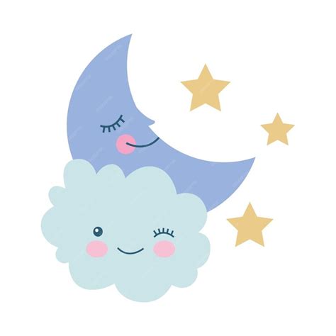 별 만화 벡터 일러스트 레이 션 사이의 귀여운 달과 구름 프리미엄 벡터
