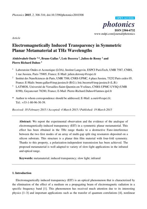 Pdf Electromagnetically Induced Transparency In Symmetric Planar Metamaterial At Thz Wavelengths
