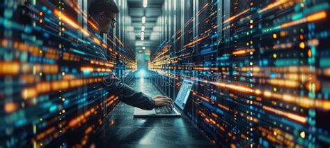 It Specialist Working On Laptop In Modern Data Center With Glowing Lines Of Digital Information