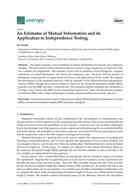 Pdf An Estimator Of Mutual Information And Its Application To Independence Testing