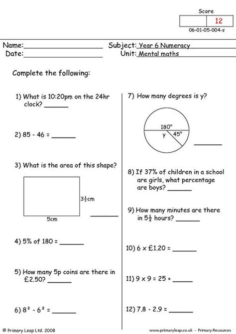 Numeracy Mental Arithmetic Test 1 Worksheet Uk