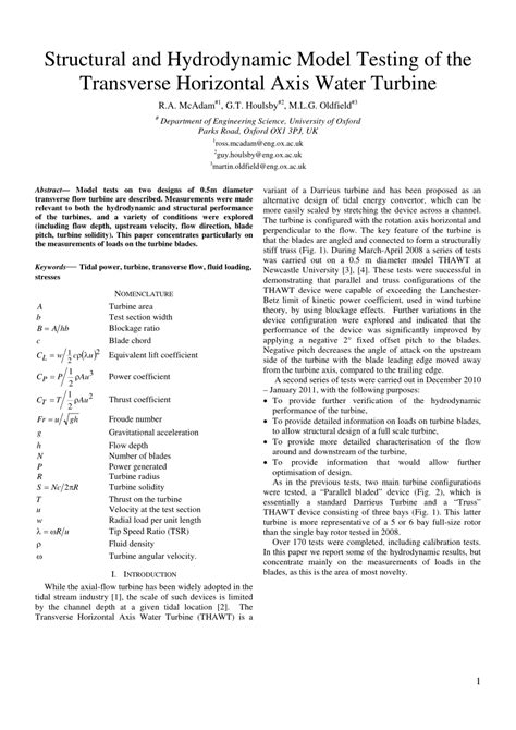 PDF Structural And Hydrodynamic Model Testing Of The Transverse Horizontal Axis Water Turbine