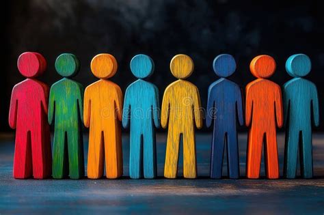 Colorful Wooden Figures Represent Diversity People Stand Together In Row Image Conveys Unity