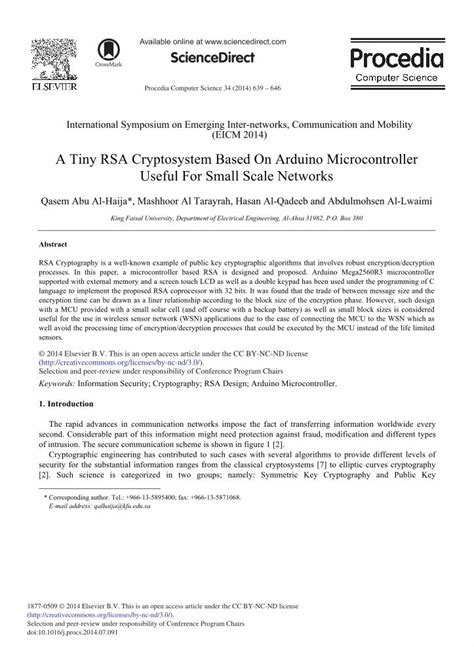 Pdf A Tiny Rsa Cryptosystem Based On Arduino Microcontroller · 640 Qasem Abu Al Haija Et