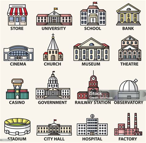 정부 건물 아이콘 설정입니다 벡터 격리 다채로운 플랫 스타일 일러스트 아이콘에 대한 스톡 벡터 아트 및 기타 이미지 아이콘 마을 회관 스타디움 Istock