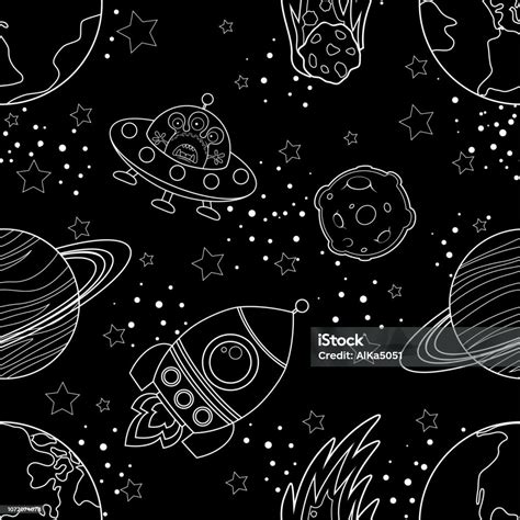 유치 한 원활한 공간 패턴 행성 Ufo 로켓 그리고 별 검은 배경에 흰색 실루엣 검은색에 대한 스톡 벡터 아트 및 기타 이미지 검은색 경외감 과학 Istock
