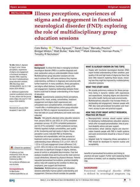 Pdf Illness Perceptions Experiences Of Stigma And Engagement In Functional Neurological