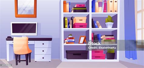홈 오피스 룸 인테리어 컴퓨터가 있는 책상 대형 책장 온라인 원격 근무 만화 벡터 배너 또는 게임 환경의 배경 0명에 대한 스톡 벡터 아트 및 기타 이미지 Istock