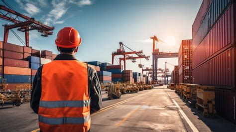 Premium Ai Image Engineer And Tablet At Container Yard From Cargo