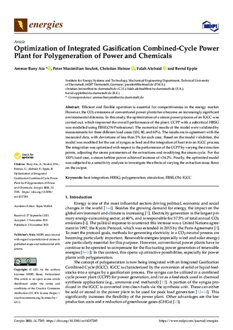 Pdf Optimization Of Integrated Gasification Combined Cycle Power Plant For Polygeneration Of