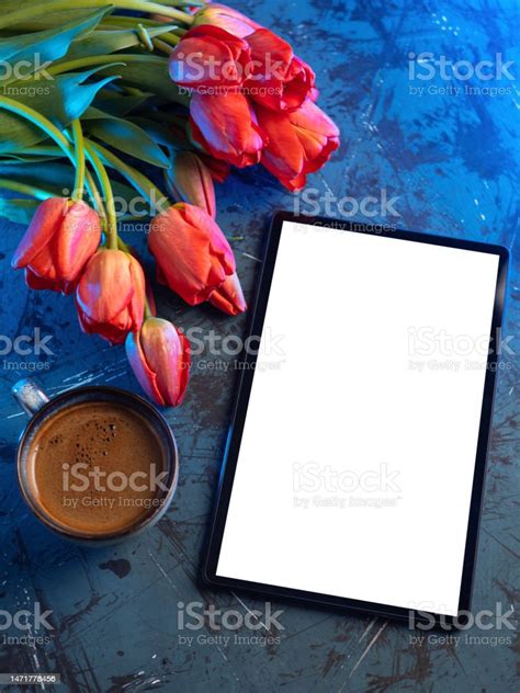 빨간 튤립 꽃다발과 커피 한 잔이 든 봄 휴가 카드 텍스트를 위한 공간이 있는 빈 태블릿 0명에 대한 스톡 사진 및 기타 이미지 0명 개념 계절 Istock