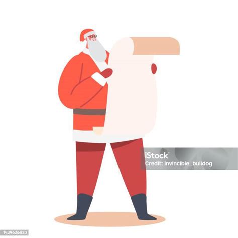 빨간 축제 의상과 모자를 쓴 산타클로스 크리스마스 캐릭터는 흰색으로 고립된 아이들의 편지 또는 선물 목록을 읽었다 산타 클로스에