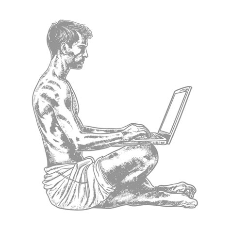 Premium Vector Man Playing On Laptop While Sitting Cross Legged With Engraving Style