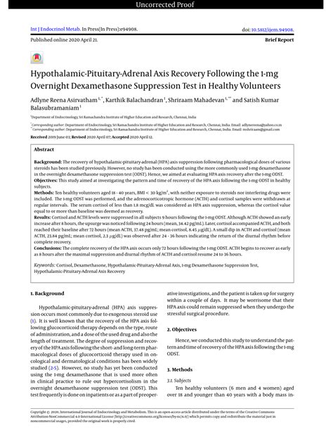 Pdf Hypothalamic Pituitary Adrenal Axis Recovery Following The 1 Mg Overnight Dexamethasone