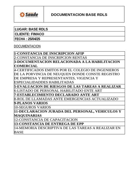 Documentacion Base Rdls Firmaco Pdf