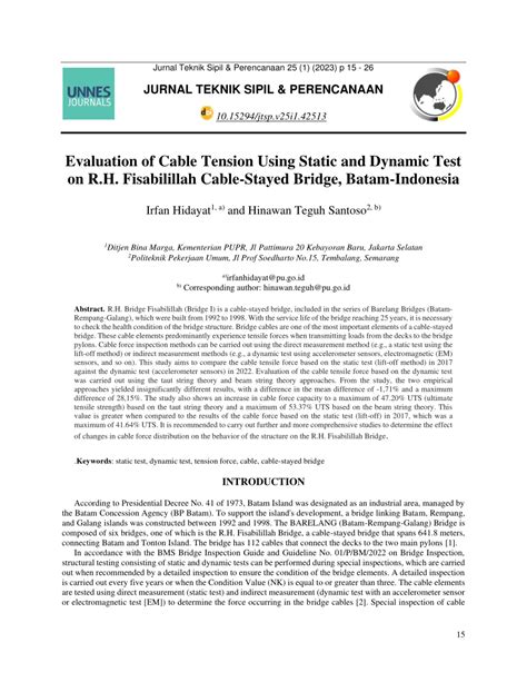 Pdf Evaluation Of Cable Tension Using Static And Dynamic Test On Rh Fisabilillah Cable