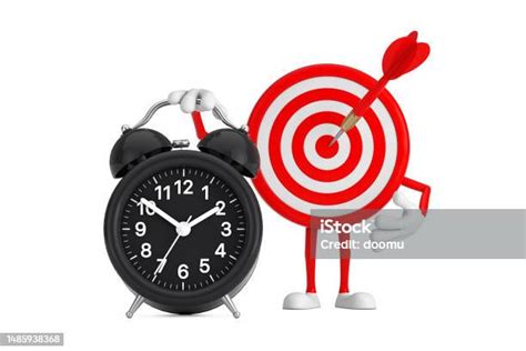 양궁 표적과 다트 센터 만화 사람 캐릭터 마스코트 알람 시계 3d 렌더링 3차원 형태에 대한 스톡 사진 및 기타 이미지 3차원 형태 개념 검은색 Istock