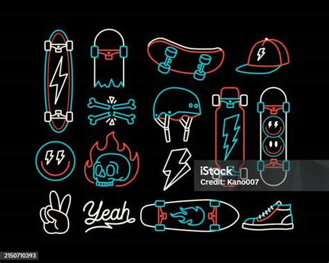 번개 평화 손 기호 모자 신발 두개골 모자 헬멧 및 스케이트 보드를 포함한 스케이트 보드 테마 라인 아트 개체의 벡터 그림