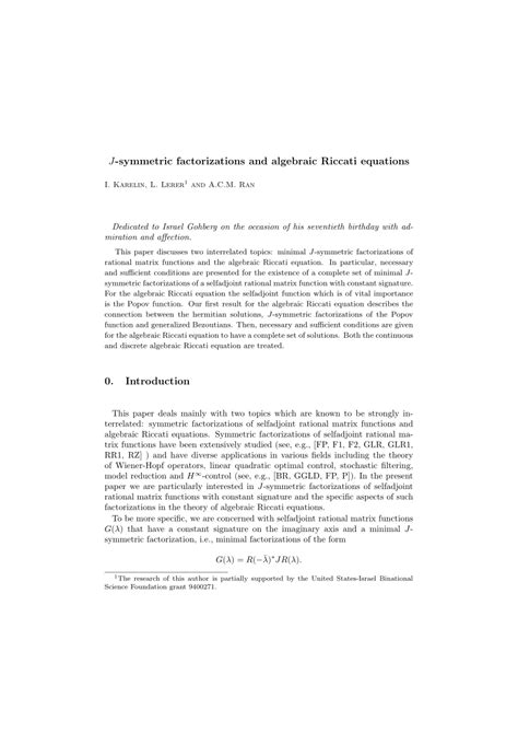 Pdf J Symmetric Factorizations And Algebraic Riccati Equations
