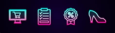 모니터에 라인 쇼핑 카트 체크리스트가 있는 클립보드 할인 비율 태그 및 여성 신발을 설정합니다 빛나는 네온 아이콘입니다 벡터 가격에 대한 스톡 벡터 아트 및 기타 이미지