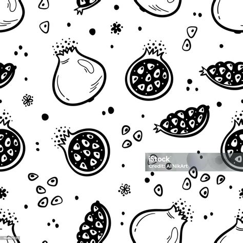 석류 과일 반복 배경입니다 손으로 그린 낙서 석류와 벡터 원활한 패턴 흑백 과일 바탕 화면 건강한 여름 음식 배경 건강한 식생활에 대한 스톡 벡터 아트 및 기타 이미지