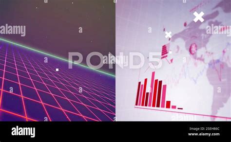 Animation Of White Crosses Over Red Grid Data Processing On Graph Over