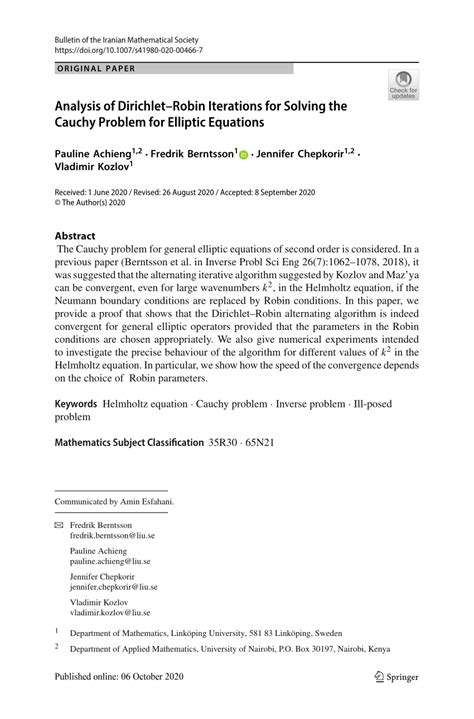 Pdf Analysis Of Dirichletrobin Iterations For Solving The Cauchy Problem For Elliptic Equations