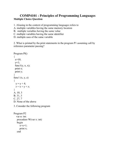 Comp4101 Principles Of Programming Languages Multiple Choice Question