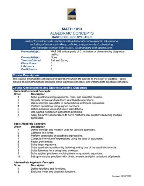 Math 1013 Algebraic Concepts Course Syllabus