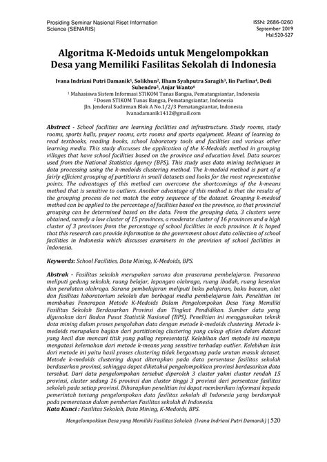 Pdf Algoritma K Medoids Untuk Mengelompokkan Desa Yang Memiliki Fasilitas Sekolah Di Indonesia