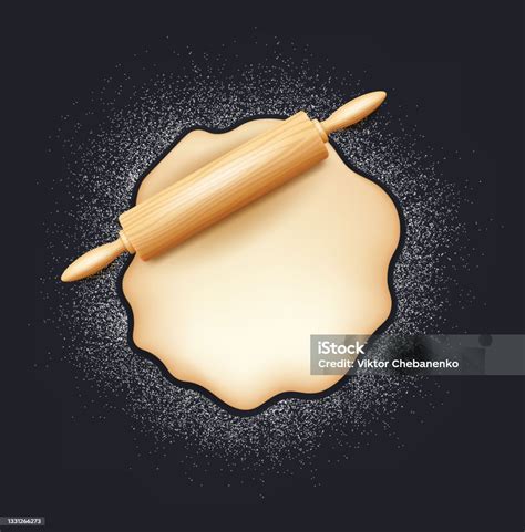 현실적인 나무 롤링 핀과 밀가루반죽 반죽 베이킹 피자 쿠키 비스킷 빵을 위한 디자인 컨셉 다크 보드 배경 벡터 일러스트레이션 3차원 형태에 대한 스톡 벡터 아트 및 기타