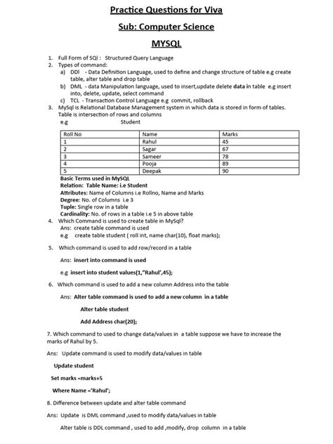 Viva Based Question Download Free Pdf Sql Table Database