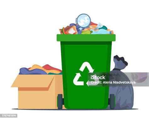 쓰레기통 검은색 비닐 쓰레기 봉투 쓰레기가 있는 종이상자 쓰레기로 넘쳐나는 재활용 용기 녹색 재활용 캔 거리 쓰레기 오염 쓰레기통 바구니 벡터 일러스트 레이 션입니다