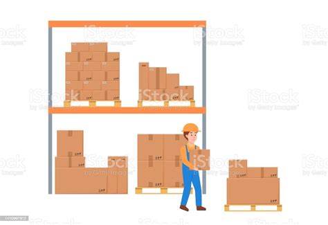 골판지 상자를 운반하는 헬멧에있는 창고 노동자 흰색 배경에 고립 된 평면 벡터 일러스트레이션 공장 산업 건물에 대한 스톡 벡터 아트 및 기타 이미지 Istock