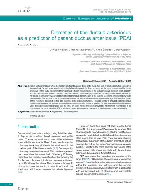 Pdf Diameter Of The Ductus Arteriosus As A Predictor Of Patent Ductus