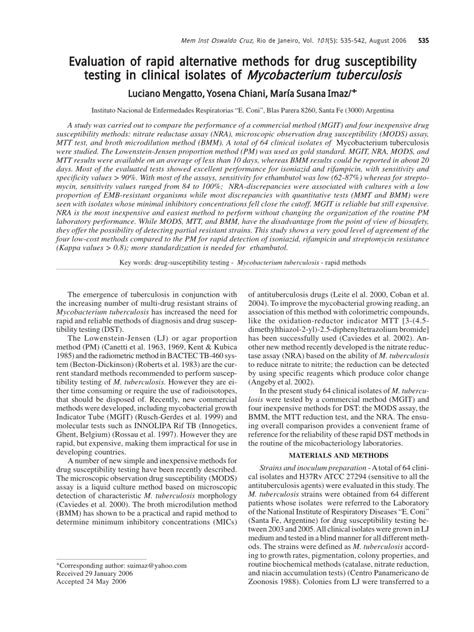 Pdf Evaluation Of Rapid Alternative Methods For Drug Susceptibility Testing In Clinical