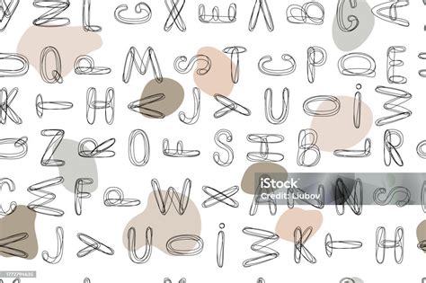 영어 알파벳의 문자입니다 원활한 패턴 하나의 연속된 선으로 그려진 장식용 문자 집합입니다 흰색 배경에 파스텔 반점 벡터 일러스트 레이 션입니다 0명에 대한 스톡 벡터 아트