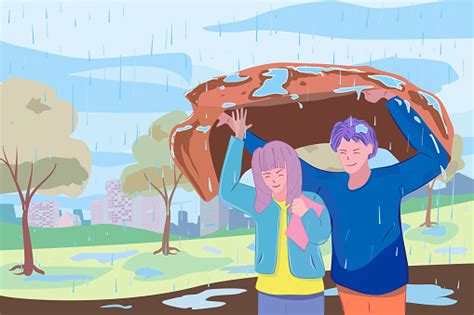 부부 사랑은 비를 숨기고 공원에서 비에 흠뻑 젖은 망토 아래 나란히 서서 벡터 일러스트 사진입니다 계절에 대한 스톡 벡터 아트