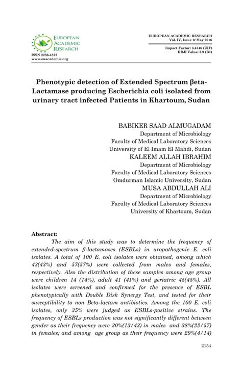 Pdf Phenotypic Detection Of Extended Spectrum βeta Lactamase Producing Escherichia Coli