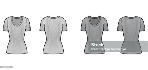 리브드 스쿱 넥 니트 스웨터 테크니컬 패션 일러스트와 짧은 리브 슬리브 밀착 모양 튜닉 길이 0명에 대한 스톡 벡터 아트 및