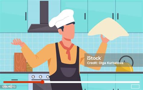 비디오 자습서 요리 레슨 비디오 화면 인터넷 교육 전문 블로거는 온라인으로 식사를 준비 남자는 집에서 만든 음식을 요리 블로그 또는 요리 웨비나 벡터 개념쇼 요리하기 음식