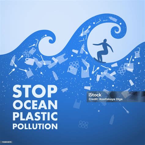 해양 플라스틱 오염을 중지 합니다 생태 포스터입니다 파도와 텍스트에 서퍼 물에 파란색 배경에 플라스틱 쓰레기 병 가방이 있습니다 플라스틱 문제입니다 바다에 대한 스톡 벡터