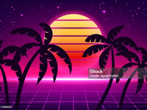 Retro 80s Background Neon Sun Wave Sunset And Music Space Vintage